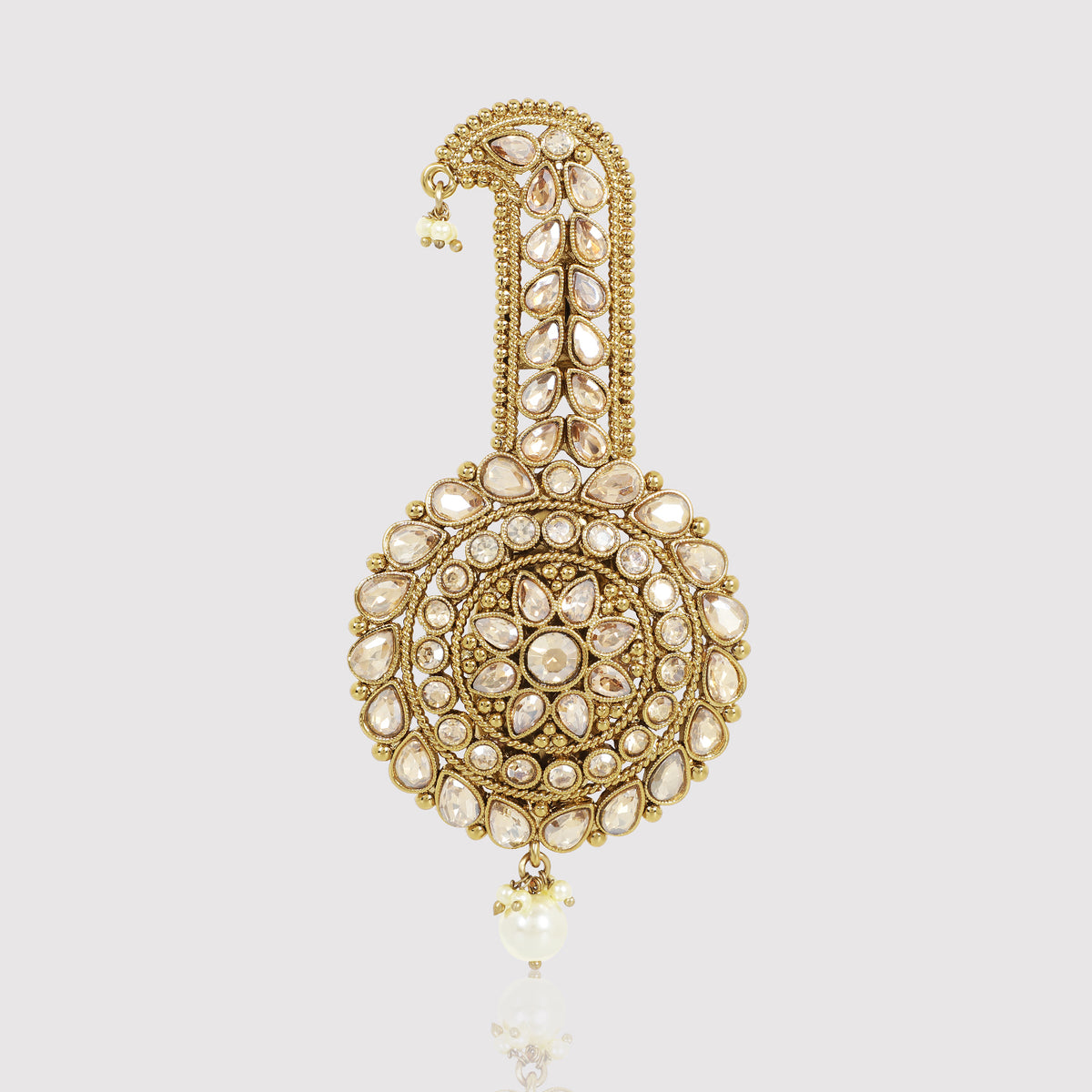 Itrani Antique Mehndi Finish Kalgi with Pearl Drop and Reverse AD Ston