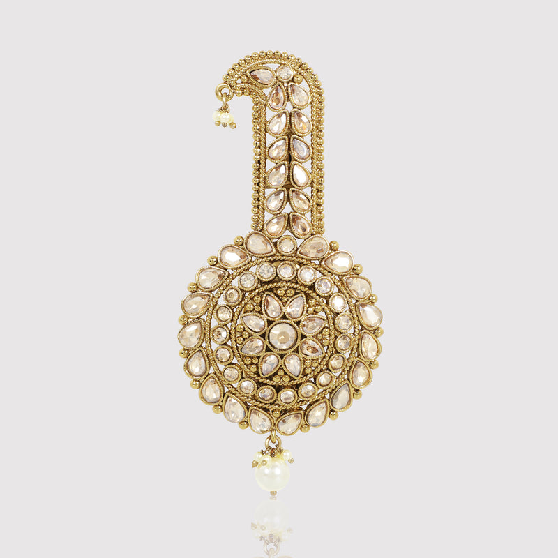 Itrani Antique Mehndi Finish Kalgi with Pearl Drop and Reverse AD Ston