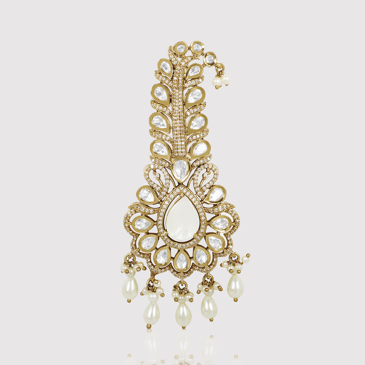 Itrani Mehndi Finish Brass Kalgi with Mother of Pearl & Polki Accents